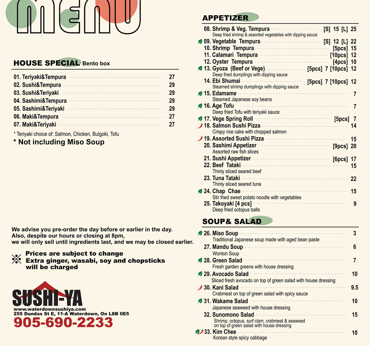 Sushi ya menu store